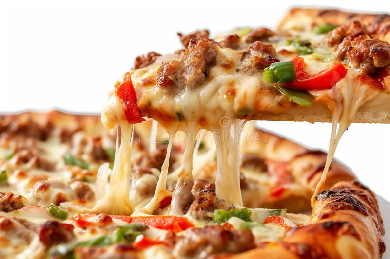 A Slice of Pizza with Cheese and Meat Toppings is Being Pulled Apart ...