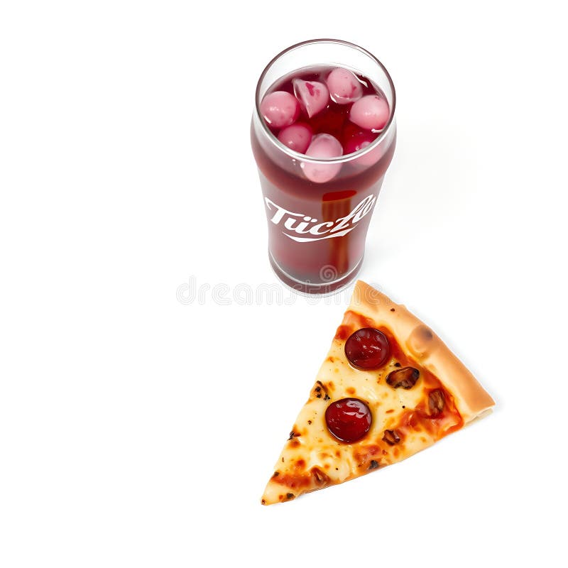 A Slice of Pizza with a Fizzy Grape Soda on a Plain White Background ...
