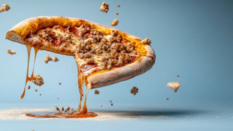 A Slice of Pizza with Meat Toppings is Falling Off a Plate. Generative ...