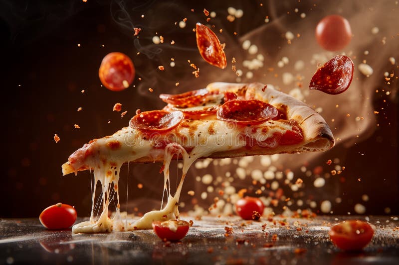 Slice from a Pizza with Mozzarella and Pepperoni Flying in the Air ...
