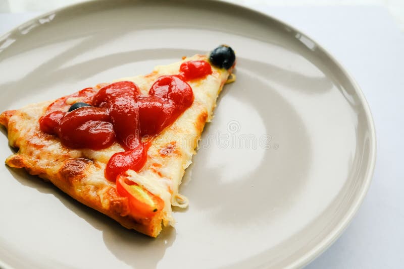 Slice Pizza Pepperoni on Plate with Catchup Topping Stock Photo - Image ...