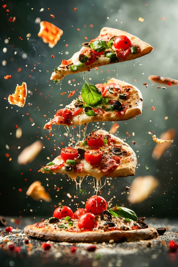 A Slice of Pizza with Tomatoes and Olives Falling into the Air Stock ...