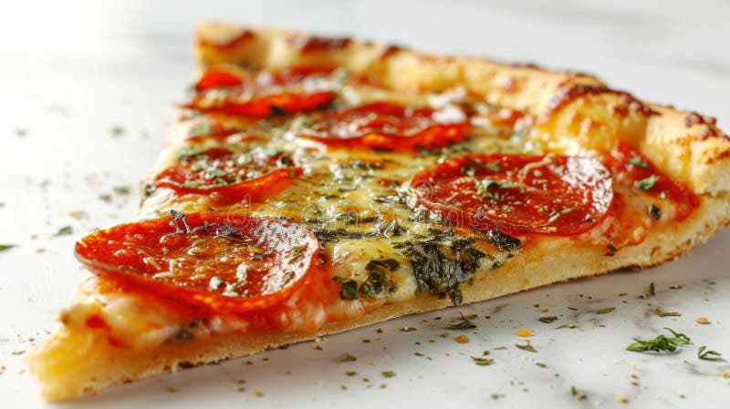 A Slice of Pizza with Toppings on a White Table, AI Stock Image - Image ...
