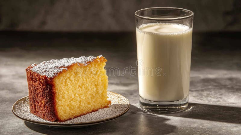 A Slice of Powdered Cake with a Glass of Milk on a Tabletop Stock ...