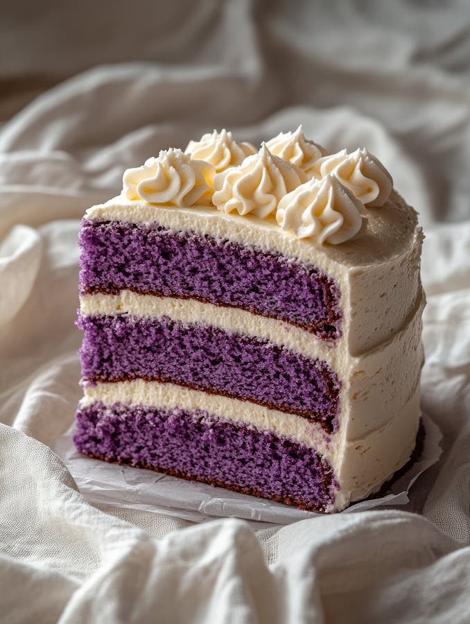Slice of Purple Cake with White Frosting on Fabric Stock Image - Image ...