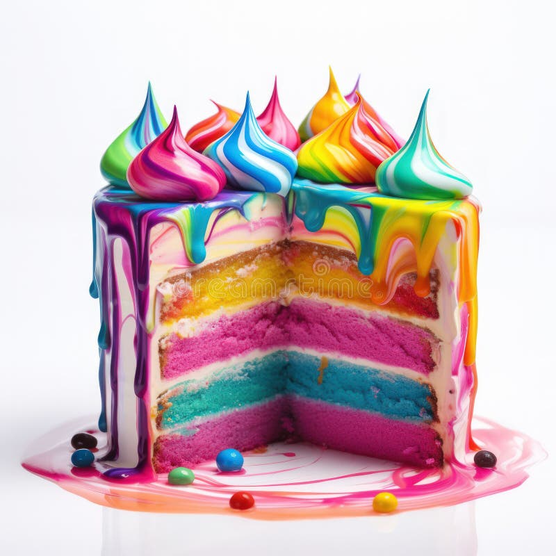 A Slice of Rainbow Cake with Rainbow Colored Frosting on Top Stock ...