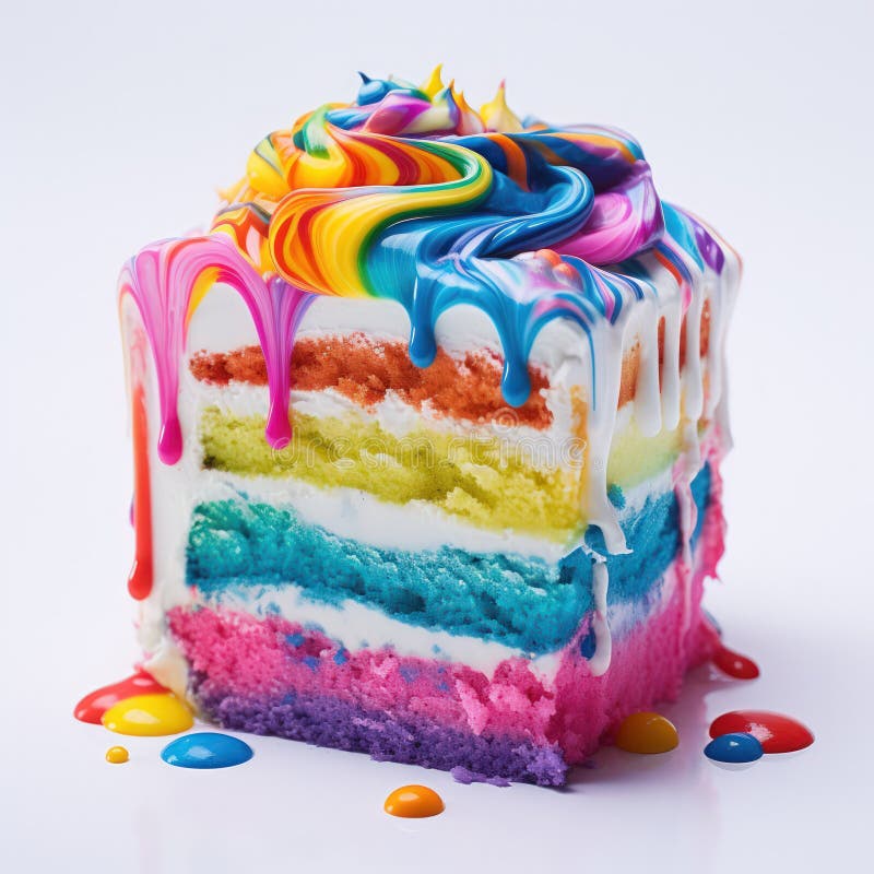 A Slice of Rainbow Cake with Rainbow Colored Frosting on Top Stock ...