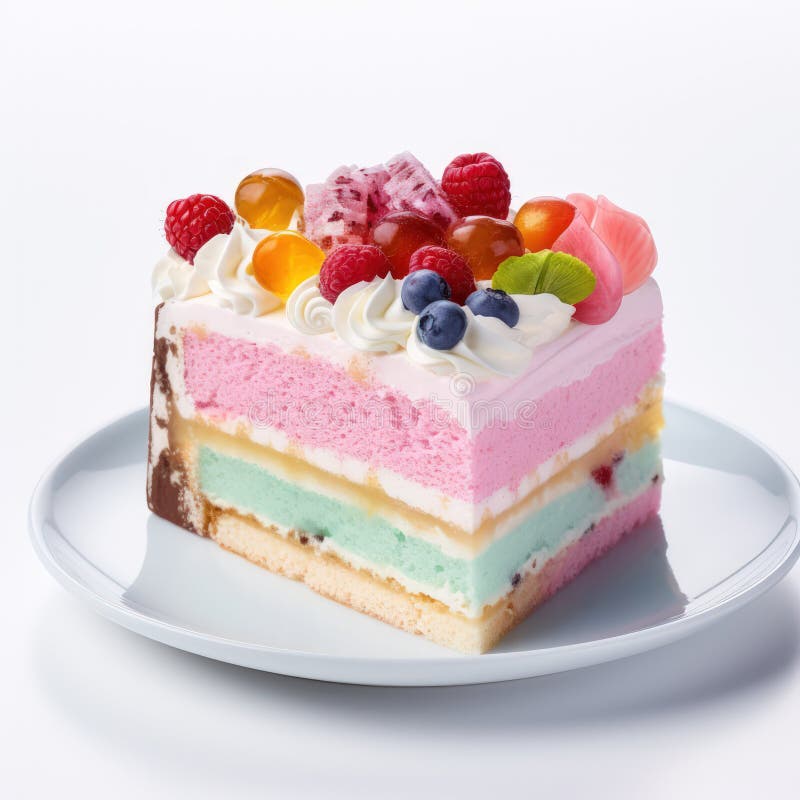 A Slice of Rainbow Cake with Rainbow Colored Frosting on Top Stock ...