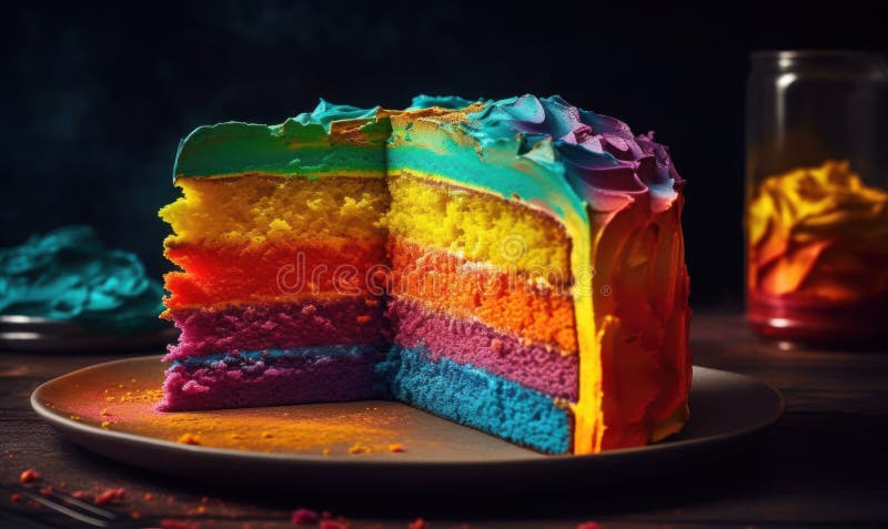 Slice of Rainbow Cake on Plate with Bite Taken Out of it. Generative AI ...
