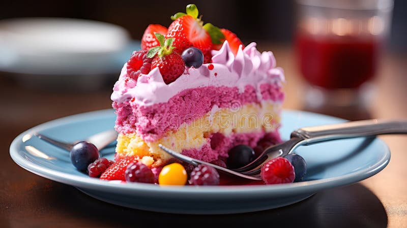 A Slice of Rainbow Cake on a Plate with a Fork. Generative AI. Stock ...