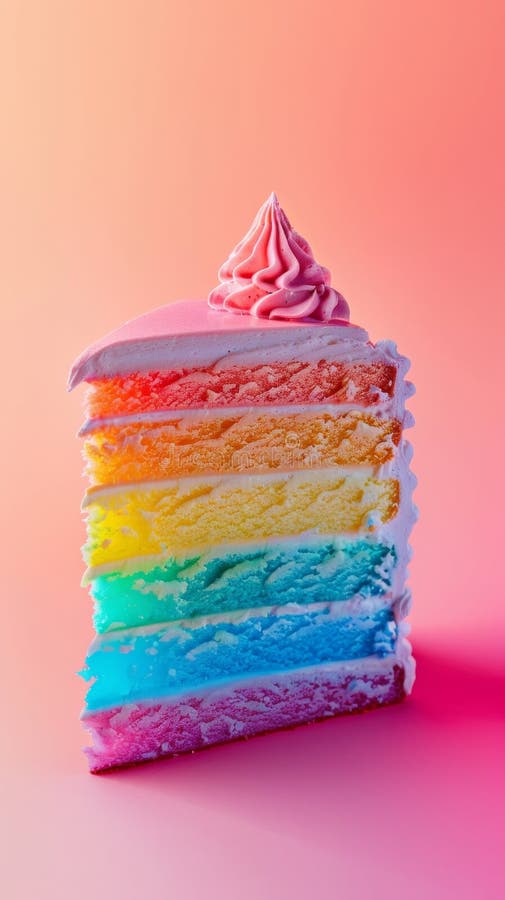 Slice of Rainbow Layered Cake with Pink Frosting on Gradient Background ...