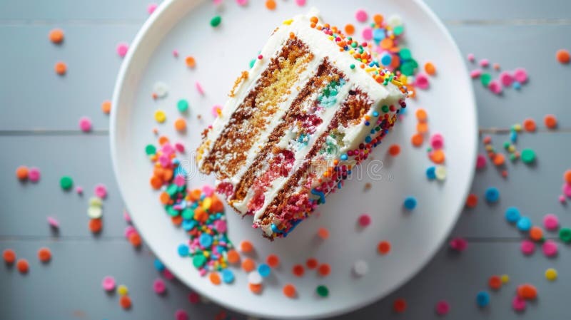 Slice of Rainbow Sprinkle Cake on White Plate Stock Illustration ...