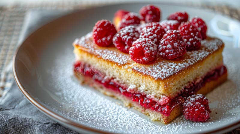 Slice of Raspberry Cake with Powdered Sugar on a Plate. Stock Photo ...