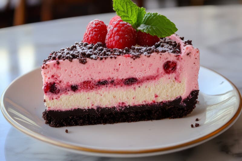 Slice Layered Chocolate Raspberry Cake Plate Decorated Fresh ...