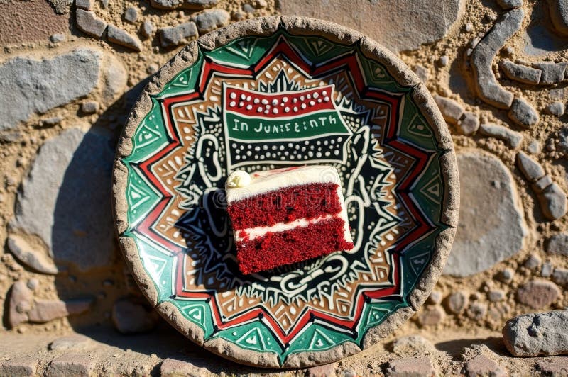 Slice of Red Velvet Cake on Colorful African Ceramic Plate Against ...