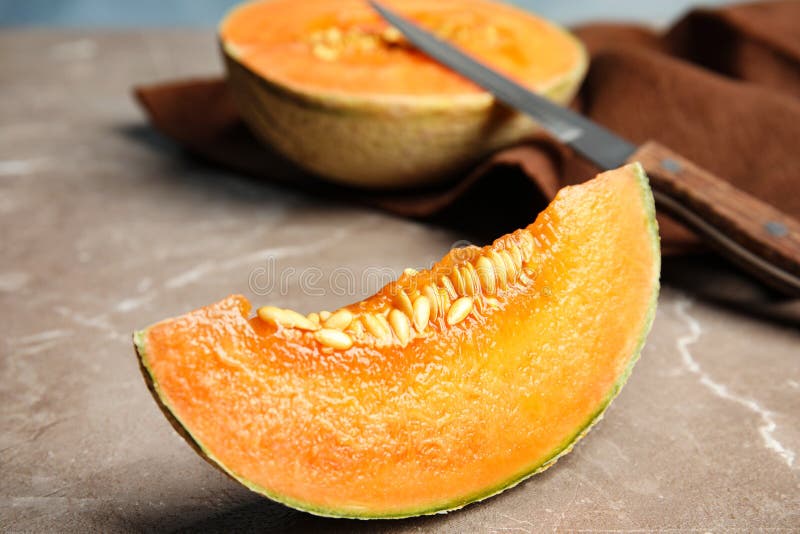 Slice of Ripe Melon on Beige Marble Table Stock Photo - Image of diet ...