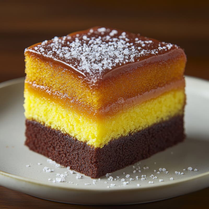 Slice of Salted Caramel Layer Cake with Caramel Drizzle on White Plate ...