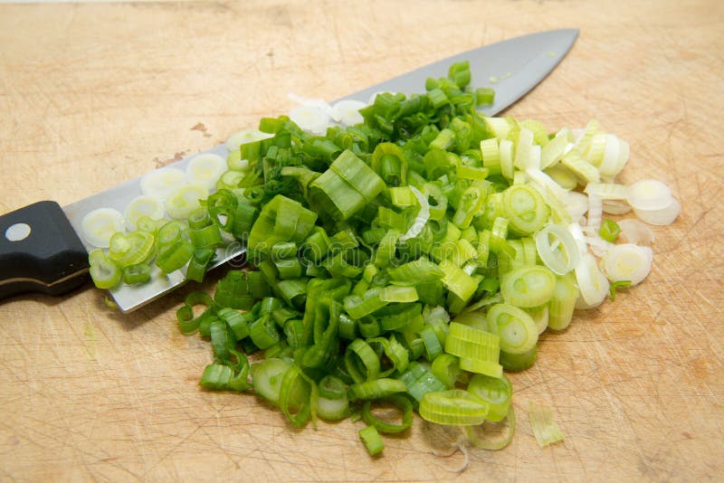 Slice Scallions with Knife on Cutting Board Stock Image - Image of ...