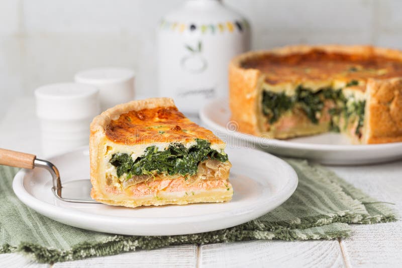 Slice of Spinach, Cheese, Onion and Salmon Fish Tart Stock Photo ...