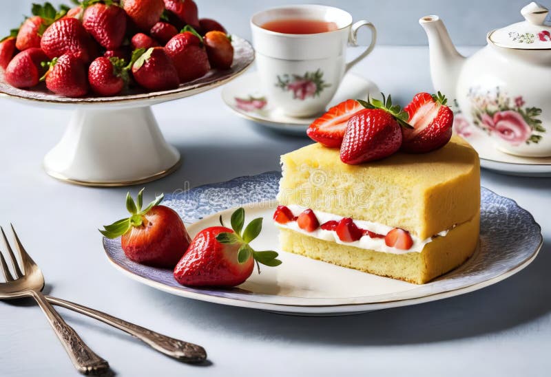 A Slice of Sponge Cake with Fresh Strawberries and a Cup of Matcha Tea ...