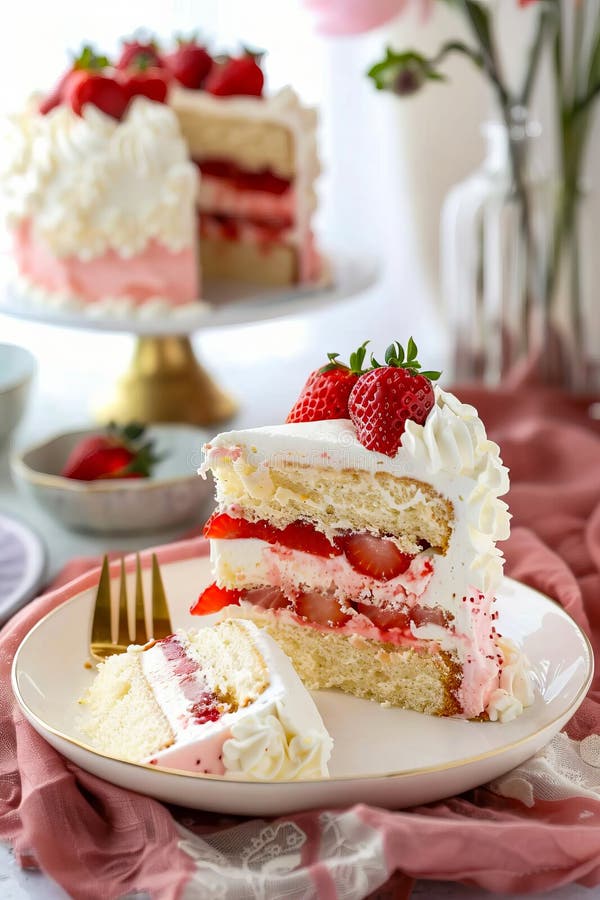 A Slice of Strawberry Cake on a Plate with a Fork Stock Image - Image ...