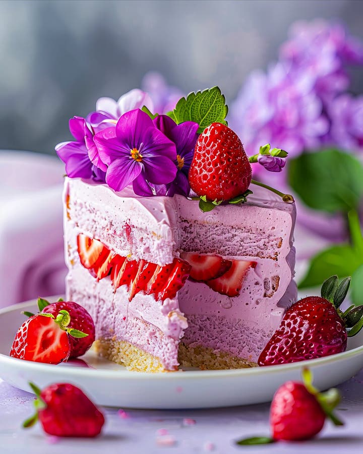 A Slice of Strawberry Cake with Purple Flowers Stock Image - Image of ...