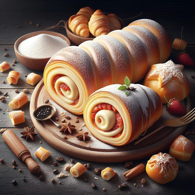 A Slice of Strawberry Flavored Roll and Sprinkled with Powdered Sugar ...