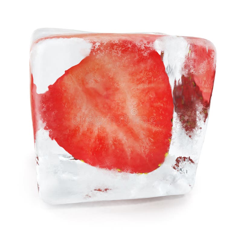 Slice Strawberry Frozen in Ice Cube, Ice Cube in Front View, Single Ice ...