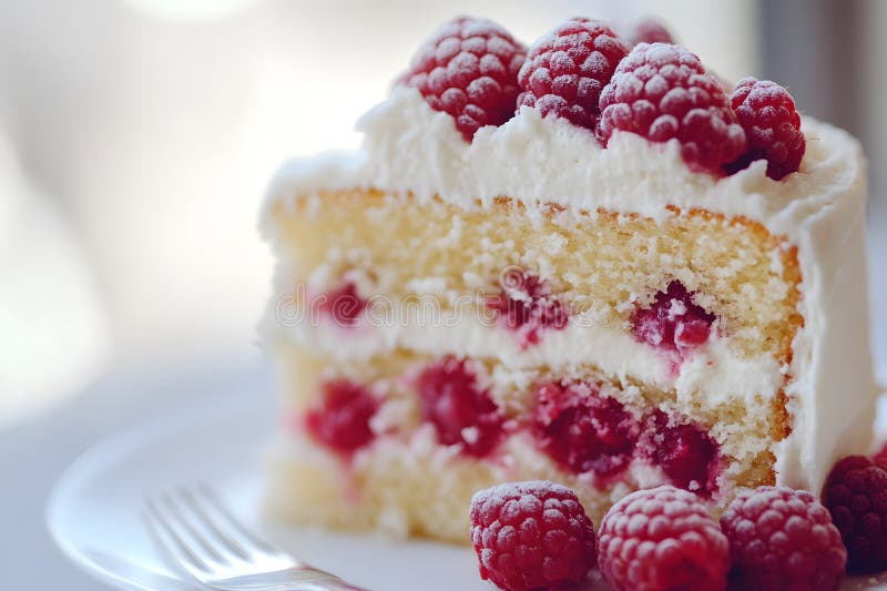 A Slice of Vanilla Cake with Raspberry Filling and Fresh Raspberries ...