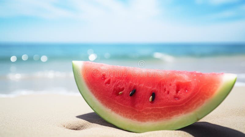 A Slice of Watermelon on the Beach with the Ocean in the Background, AI ...