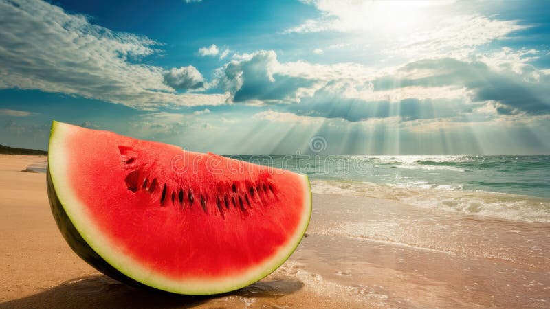 A Slice of Watermelon on a Beach with the Sun Shining, AI Stock Photo ...