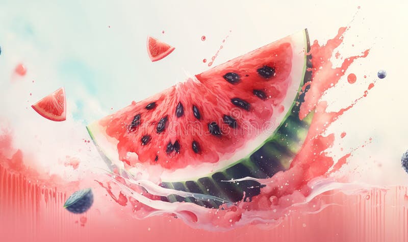 A Slice of Watermelon Falling into the Water with Splashes Stock ...