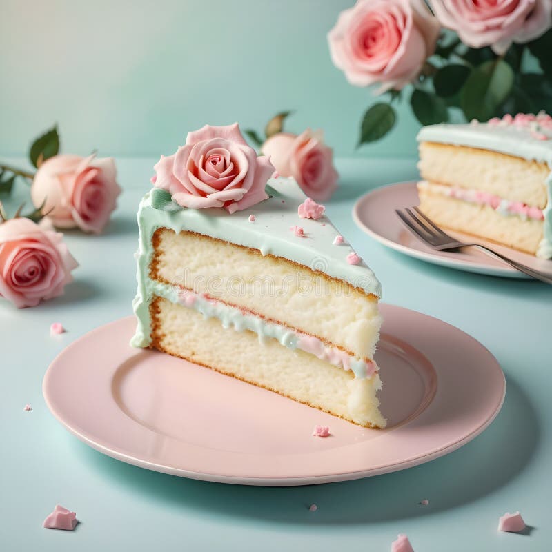Slice of White Cake with Roses Stock Illustration - Illustration of ...