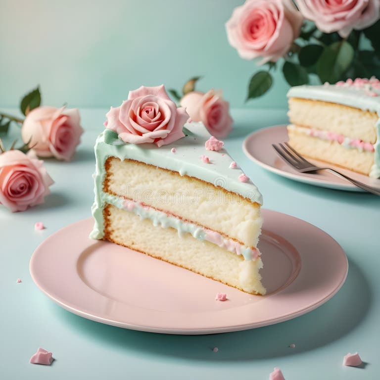 Slice of White Cake with Roses Stock Illustration - Illustration of ...