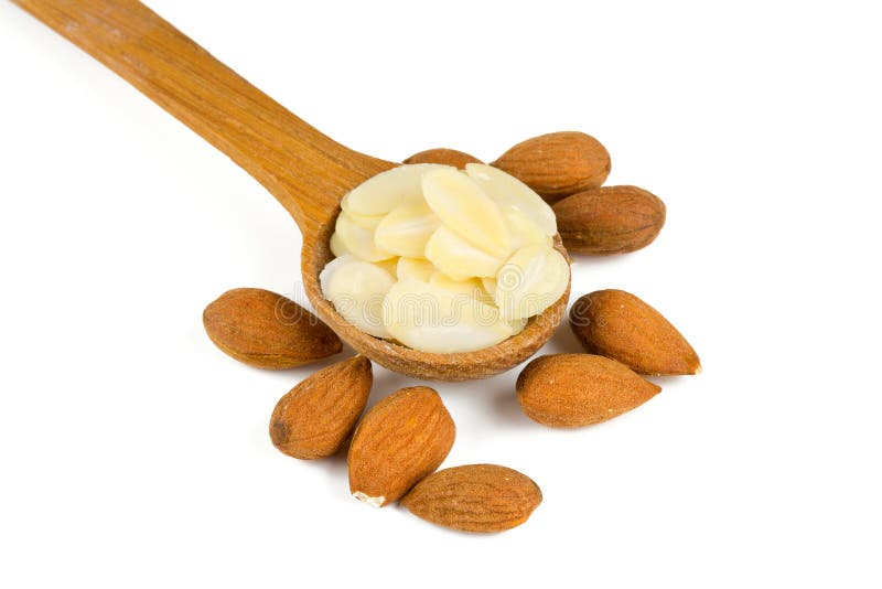 Sliced Almond in a Wooden Spoon Isolated on White Stock Image - Image ...