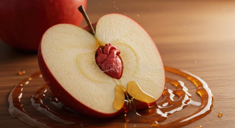 Sliced Apple with Human Heart Core Surrounded by Honey on Wooden ...