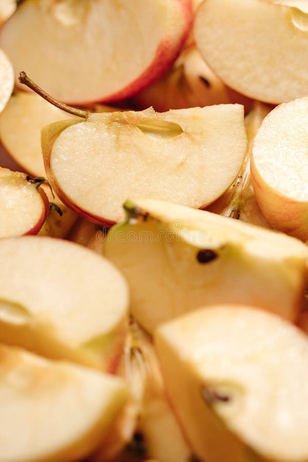 Sliced Apples Fruit. Vertical Macro View of Many Slices of Cut Apples ...