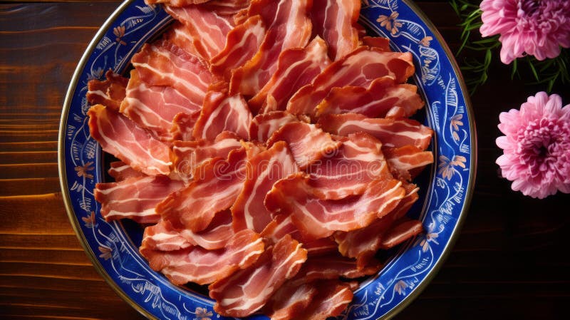 Sliced Bacon on Blue Plate: a Whimsical Still-life in Rural China Stock ...