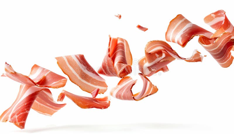 Sliced Bacon Isolated on White Background, Falling Ham Strips Stock ...