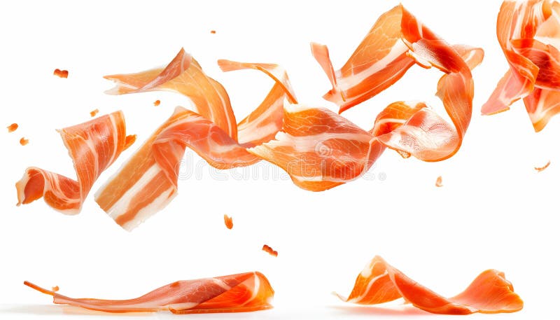Sliced Bacon Isolated on White Background, Falling Ham Strips Stock ...