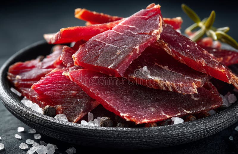 Sliced Beef Jerky on Dark Plate, Top View, Isolated Stock Illustration ...