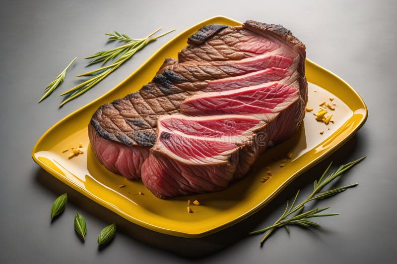 Sliced Beef Steak on a Yellow Plate. Black Background Stock ...