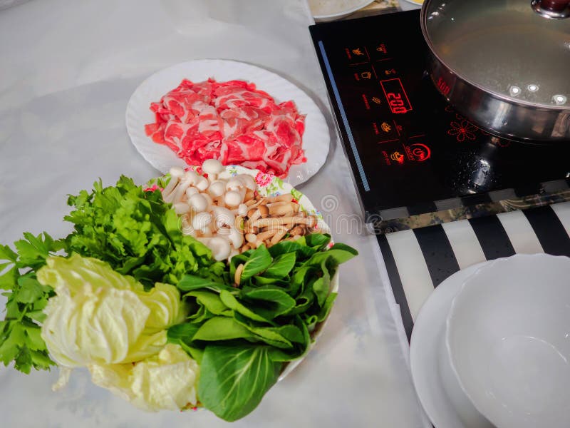 Sliced Beef and Vegetables with Hot Pot Set Stock Photo - Image of ...