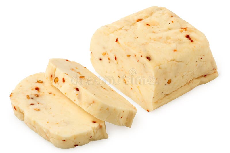 Sliced Block of Halloumi Cheese with Red Chilli Isolated on White Stock ...