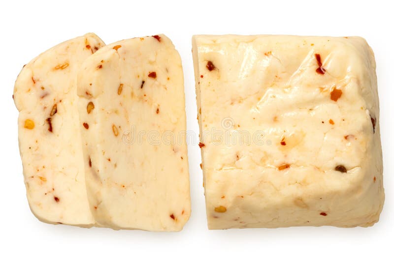 Sliced Block of Halloumi Cheese with Red Chilli Isolated on White Stock ...