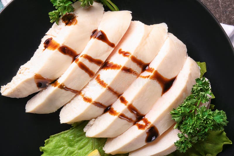 Sliced Boiled Chicken Fillet on Plate, Closeup Stock Photo - Image of ...