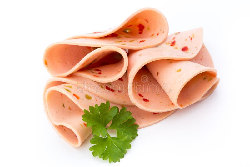 Sliced Boiled Ham Sausage Isolated on White Background, Top View Stock ...