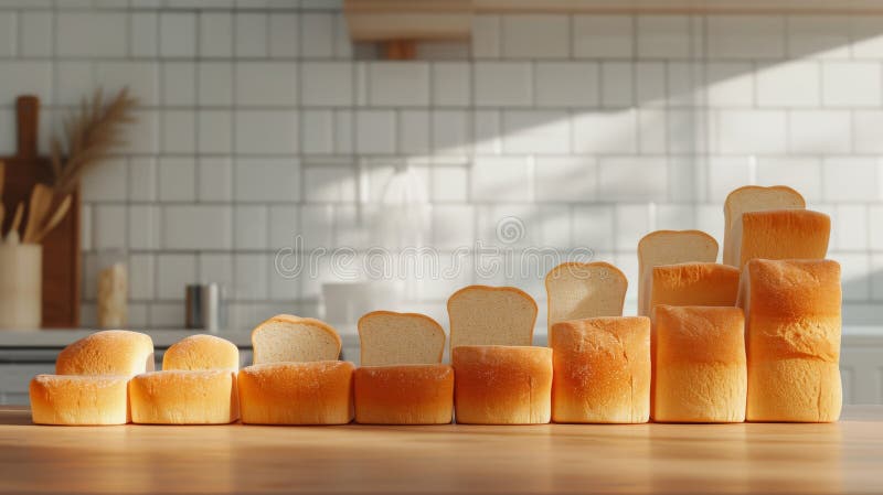 Sliced Bread Loaves in Various Sizes on Wooden Kitchen Table Stock ...