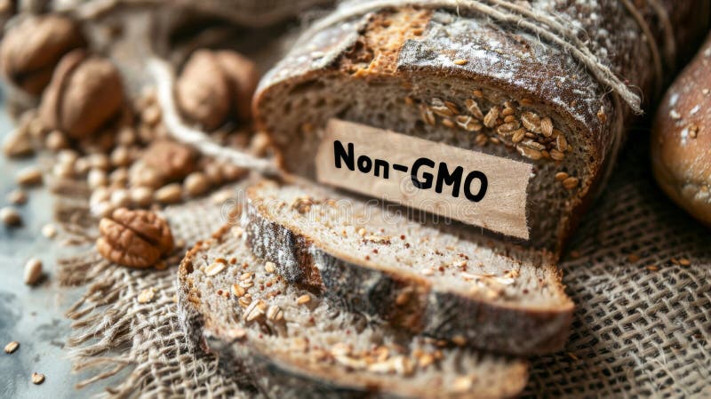 Sliced Bread with Loose Grains on the Surface and a Non-GMO Label on ...
