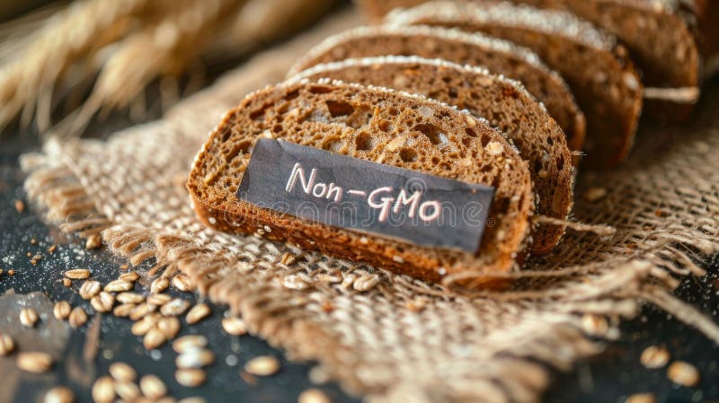 Sliced Bread with Loose Grains on the Surface and a Non-GMO Label on ...